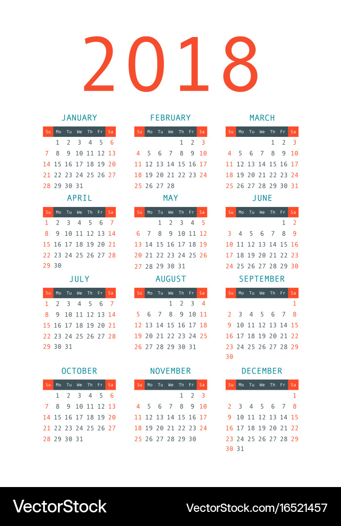 Calendar 2018 year simple style Royalty Free Vector Image