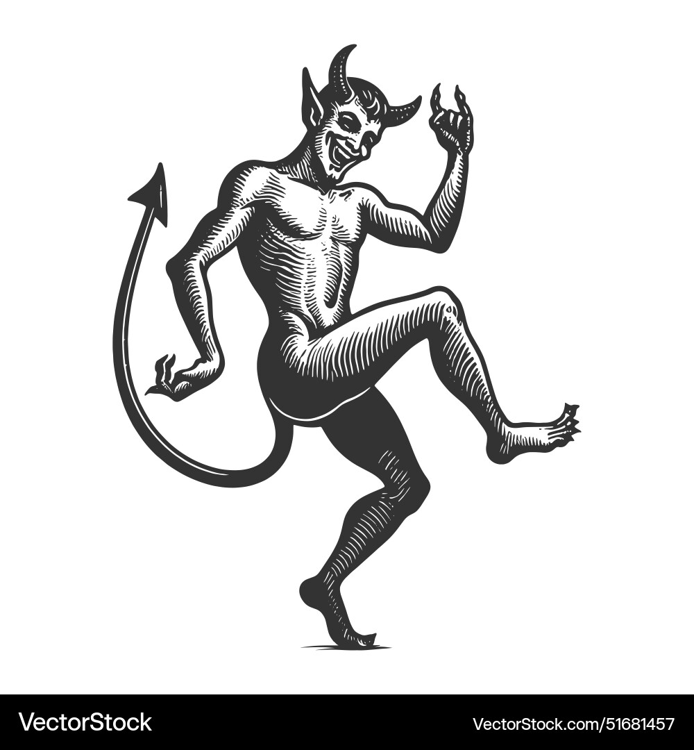 Dancing devil engraving sketch Royalty Free Vector Image