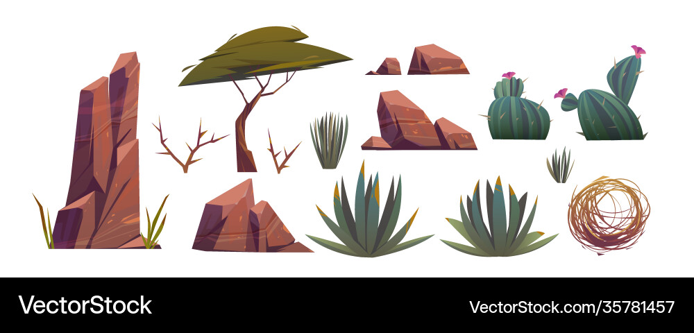 Tumbleweed cactuses and rocks sand desert Vector Image
