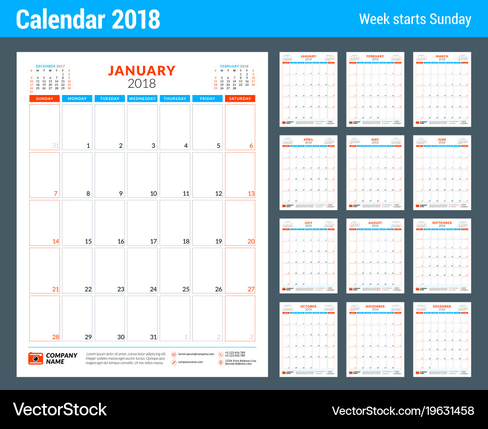 Calendar planner design template for 2018 year Vector Image