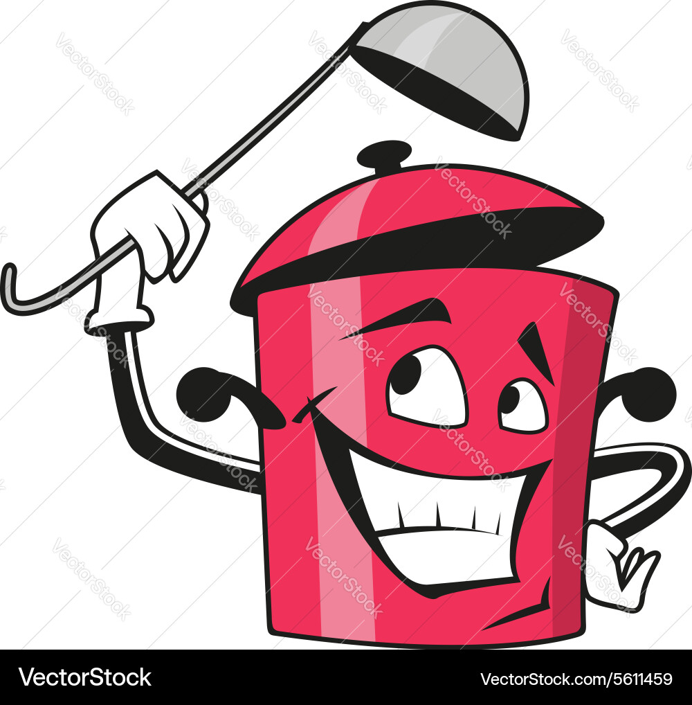 Cartoon saucepan character with ladle Royalty Free Vector