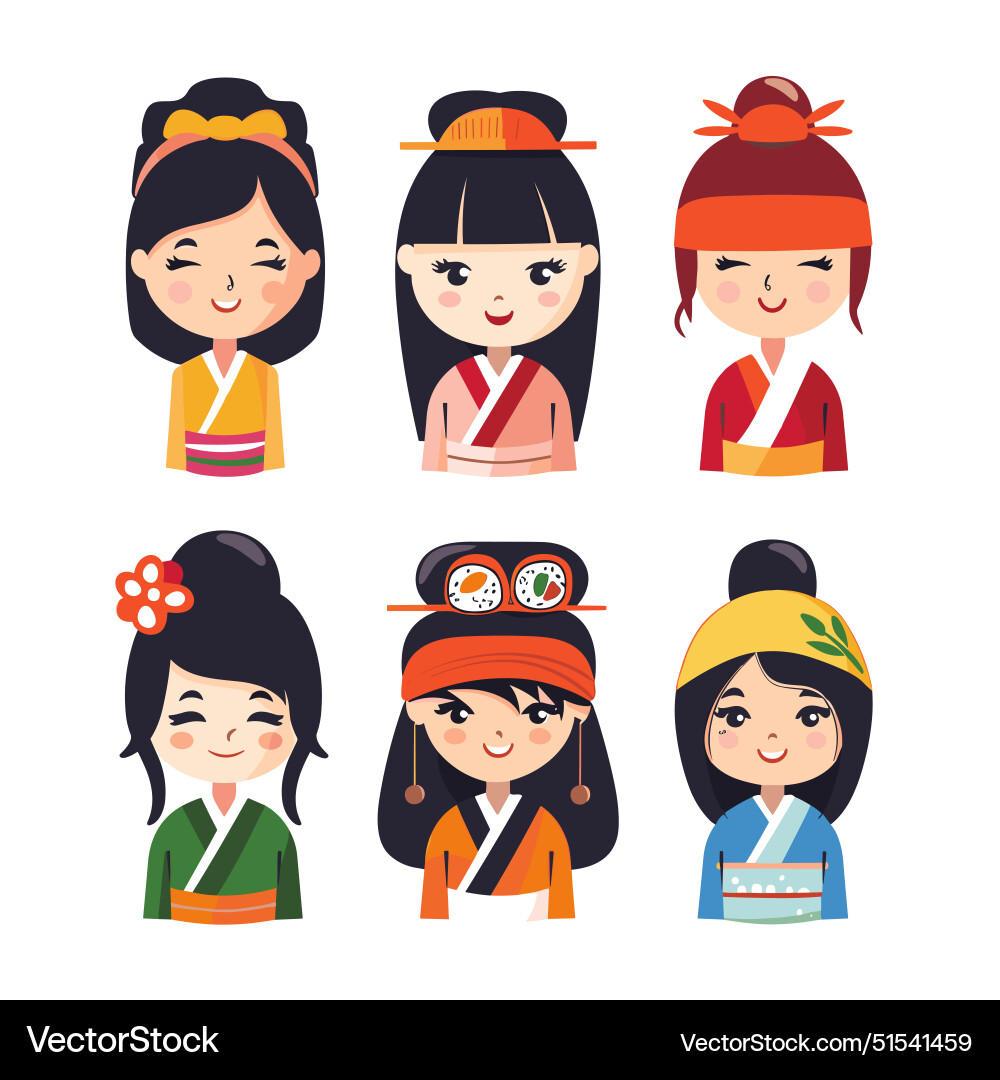 Six diverse asian cartoon characters wearing Vector Image