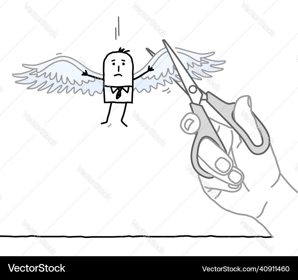 Hand Cutting Off Cartoon Man's Wings Royalty Free Vector