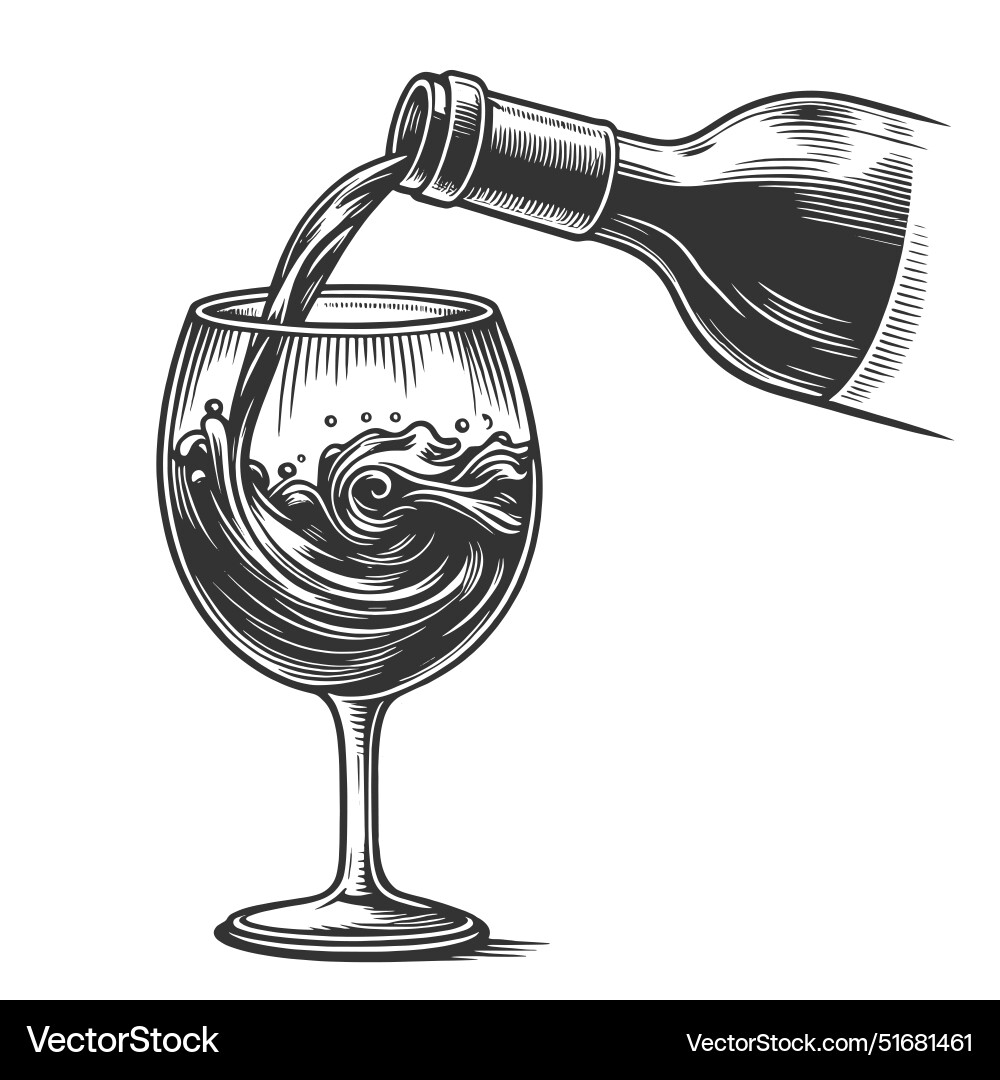 Pouring wine into glass engraving Royalty Free Vector Image