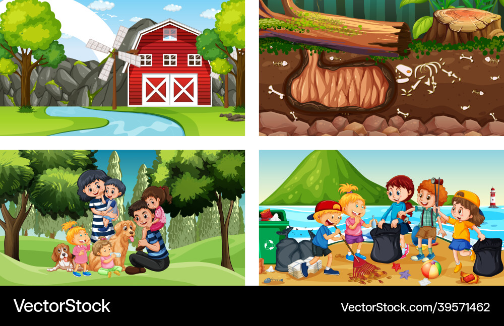 Four different scenes with children cartoon Vector Image