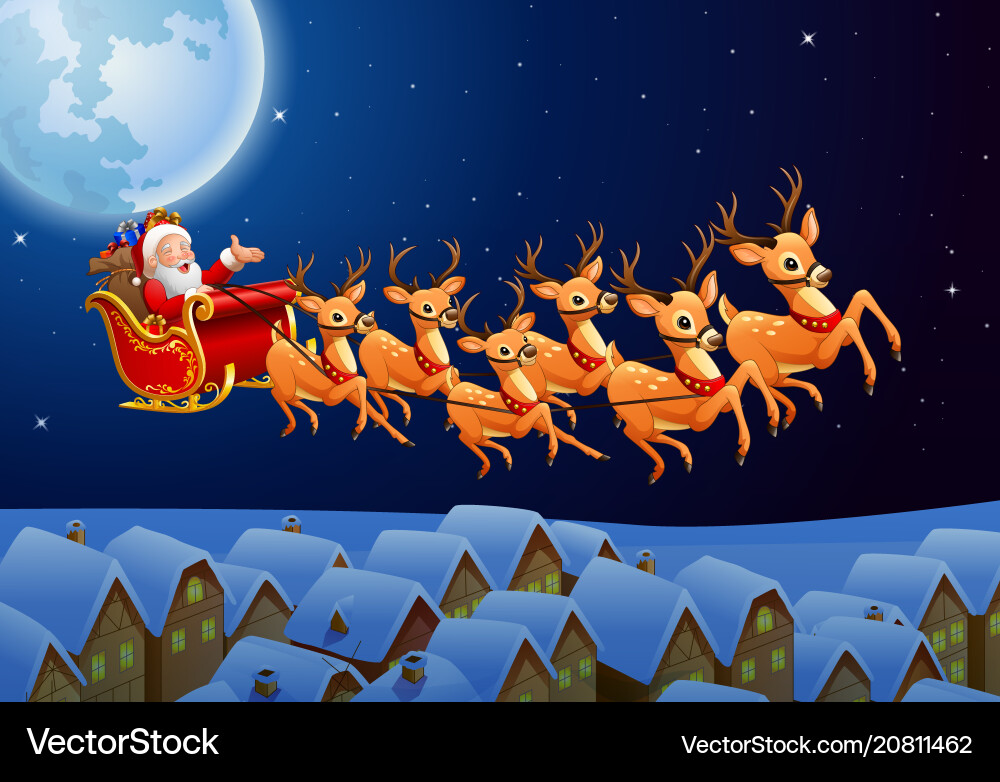 Santa riding his reindeer sleigh flying in the sky