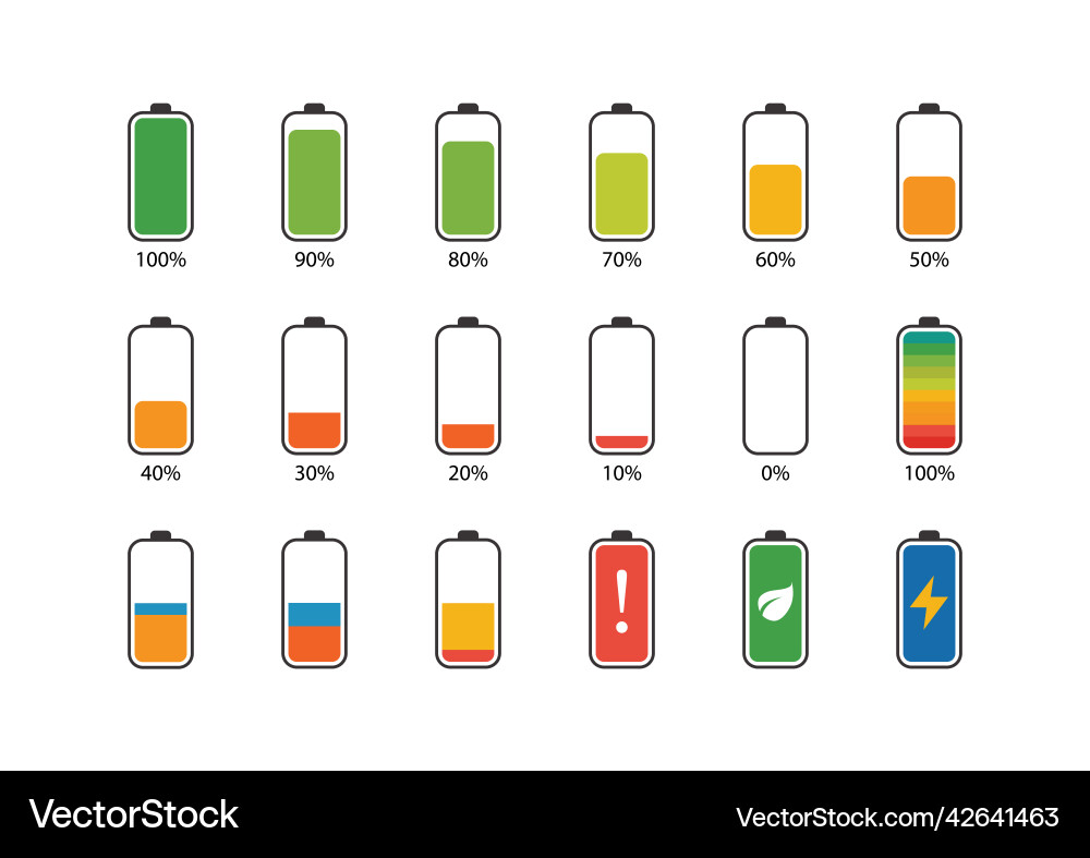 Battery percentage icon set Royalty Free Vector Image