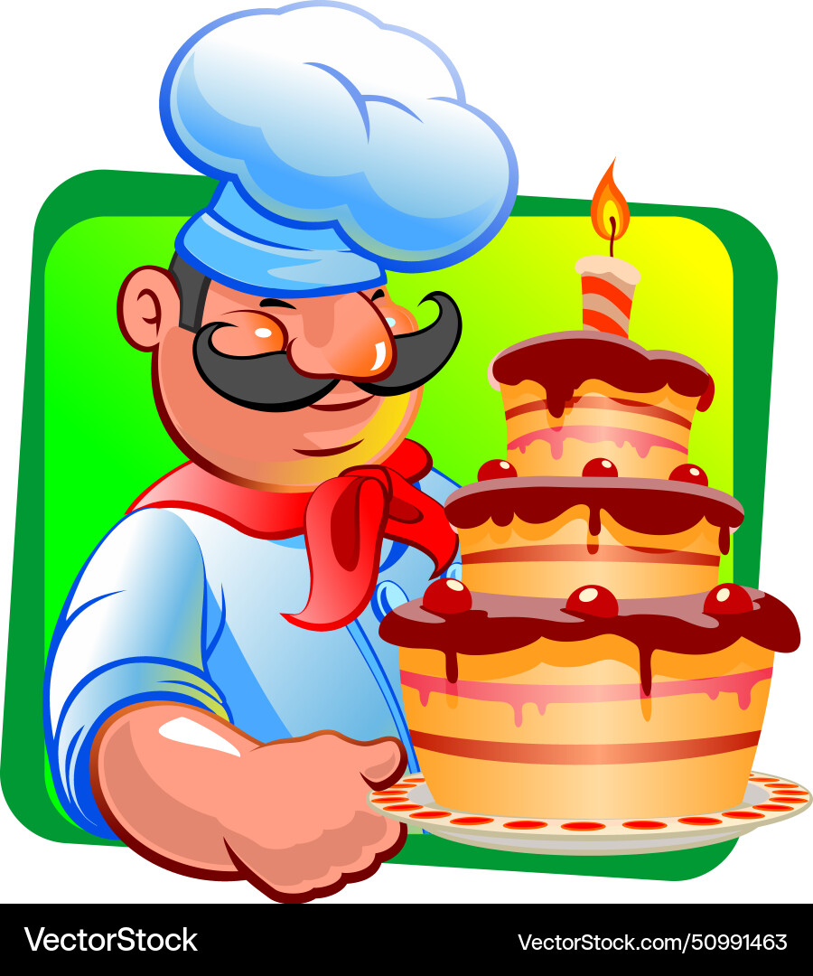 Cheerful chef made a chocolate cake birthday Vector Image