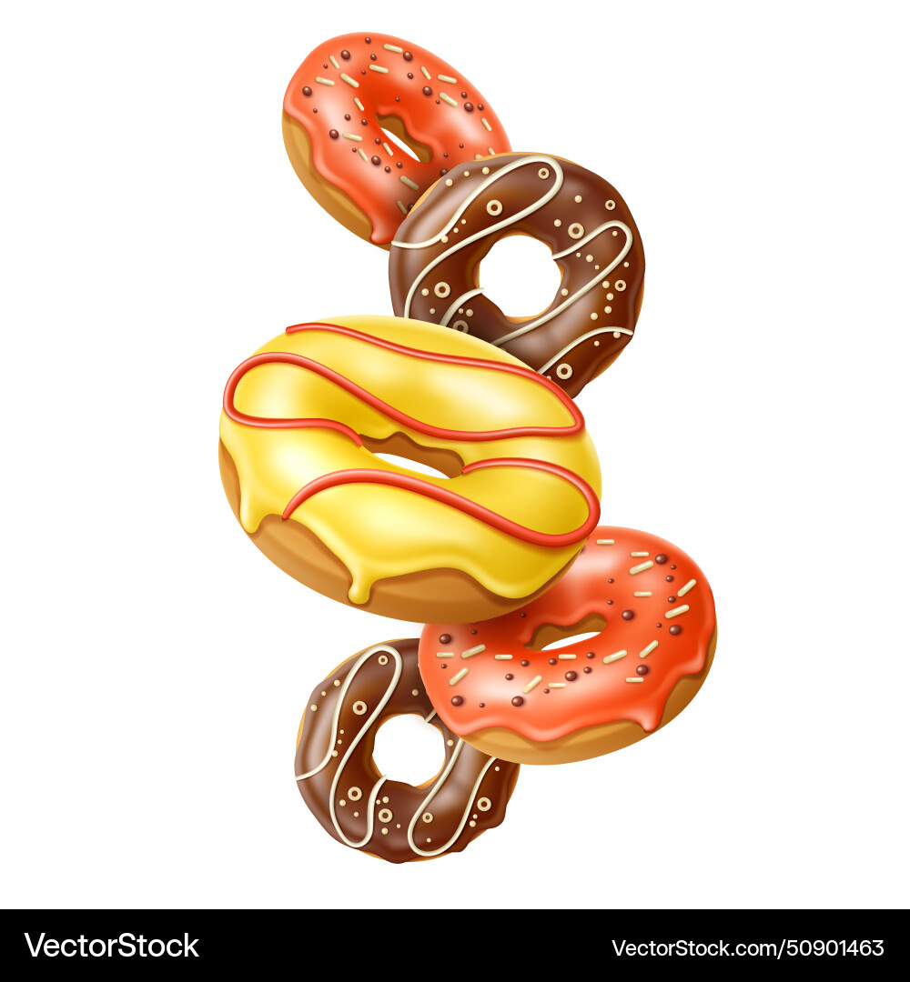 Falling donuts realistic sweet color glazed baked Vector Image