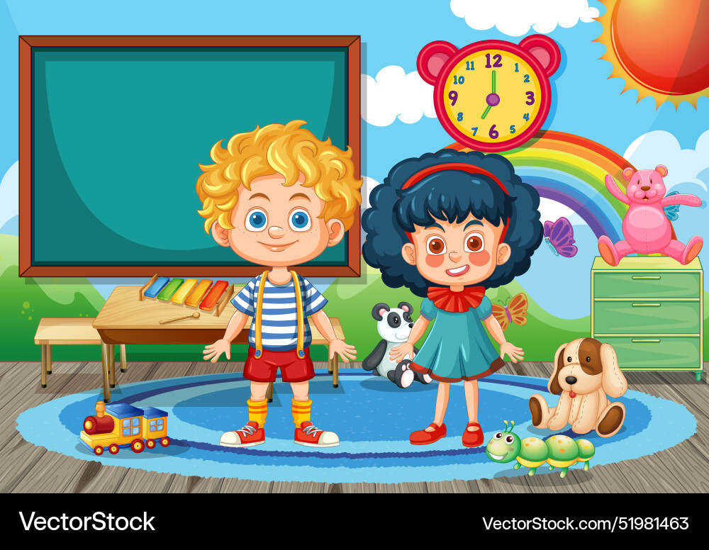 Two kids in a vibrant playful classroom setting Vector Image