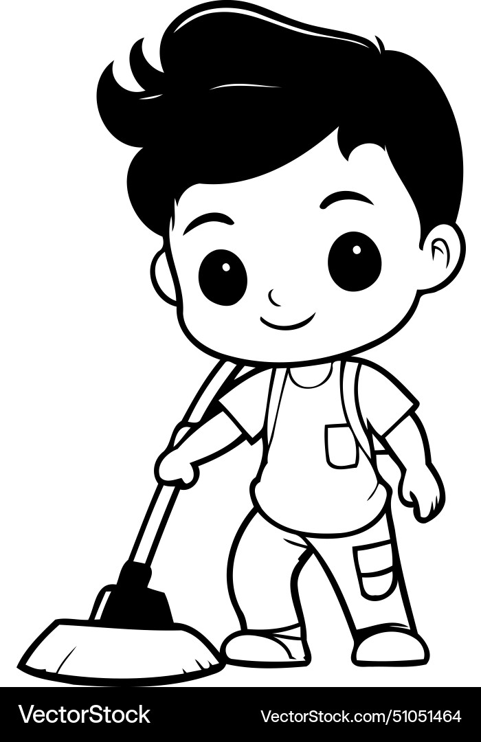 Cute boy cleaning the sky with a broom Royalty Free Vector