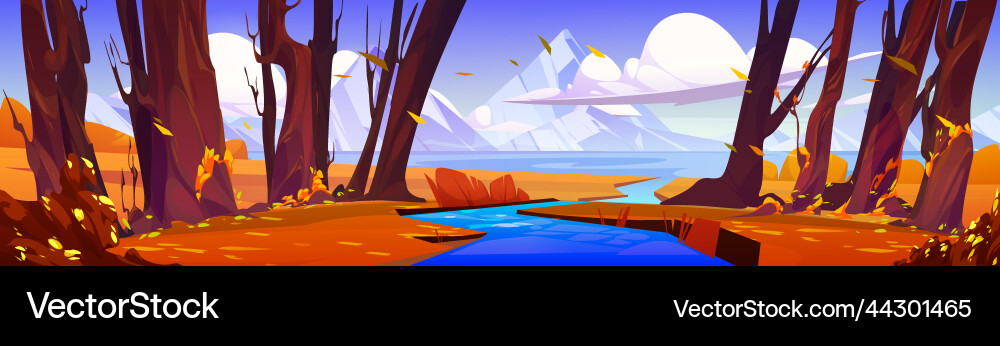 Cartoon landscape stream flow into mountain lake Vector Image