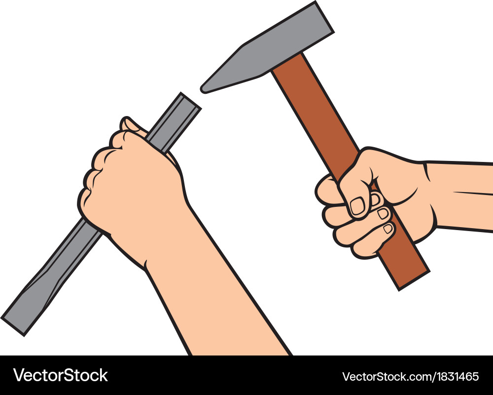 Hands holding a hammer and chisel Royalty Free Vector Image