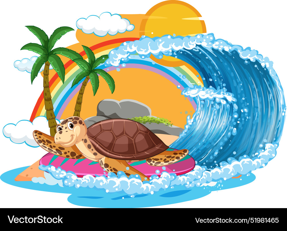 Turtle riding a wave near tropical island Vector Image