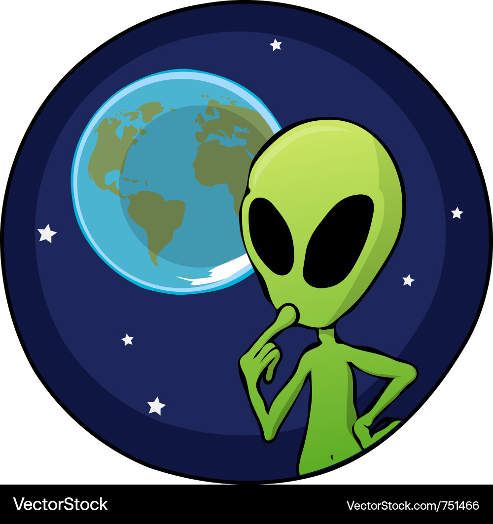 Cartoon alien overlooking planet earth Royalty Free Vector