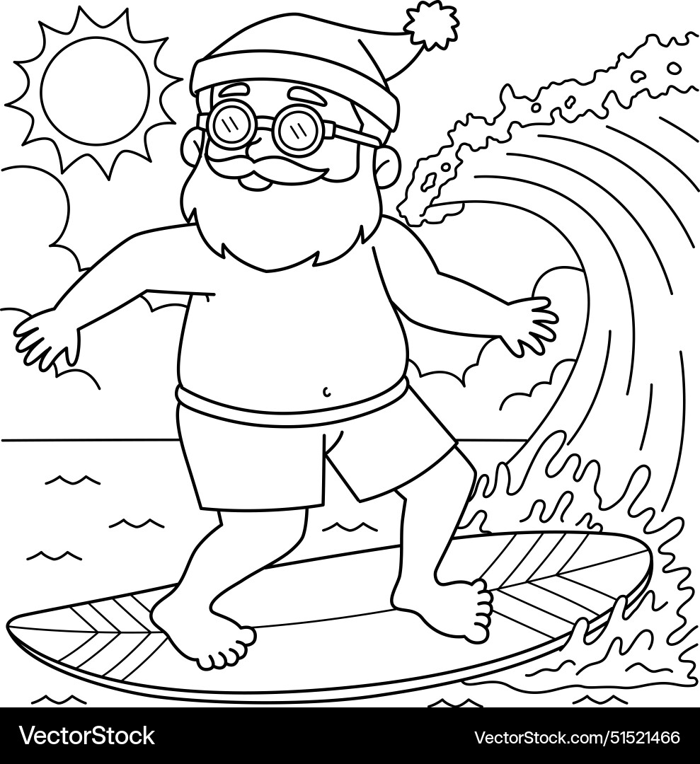 Christmas in july santa surfing coloring page Vector Image