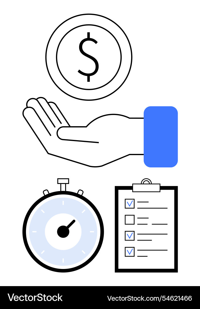 Hand holding coin stopwatch and checklist Vector Image
