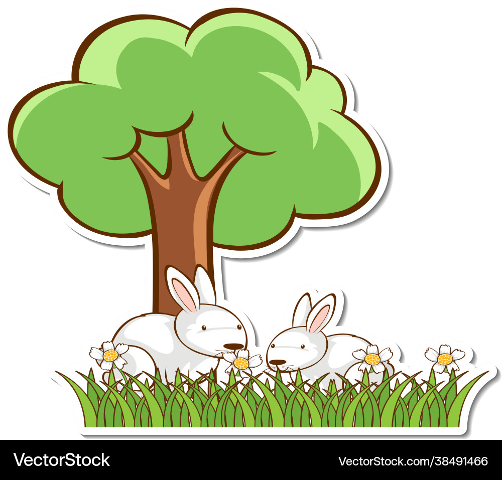 Two white rabbits under tree sticker Royalty Free Vector