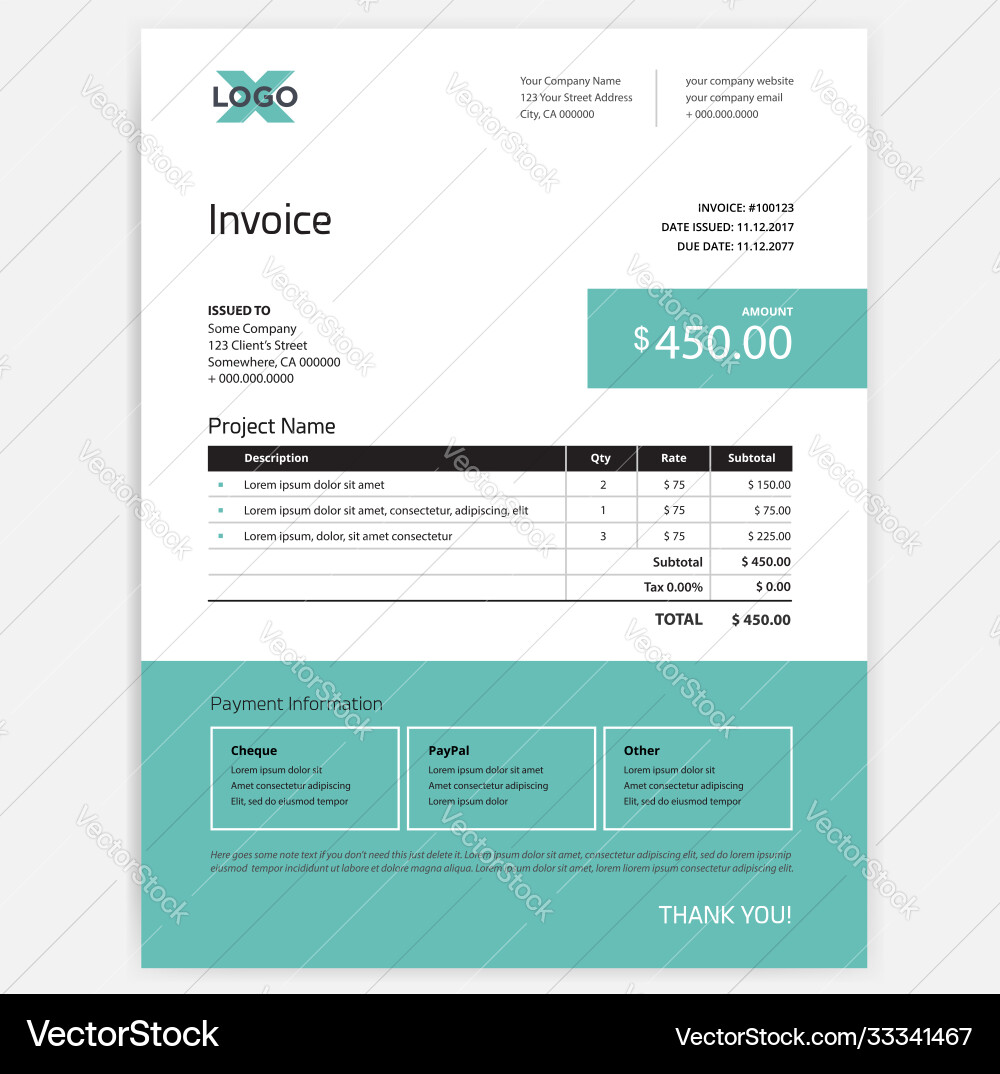 Invoice form design template - teal green Vector Image