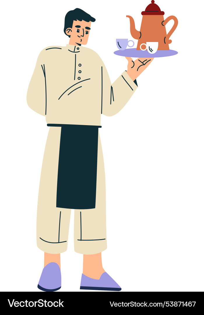 Man waiter at cafe standing in apron with tea Vector Image