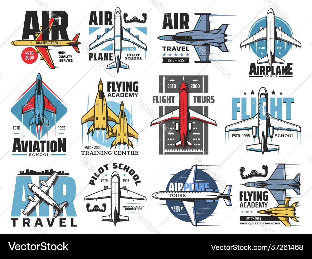 Airplane pilot school aviation icons Royalty Free Vector