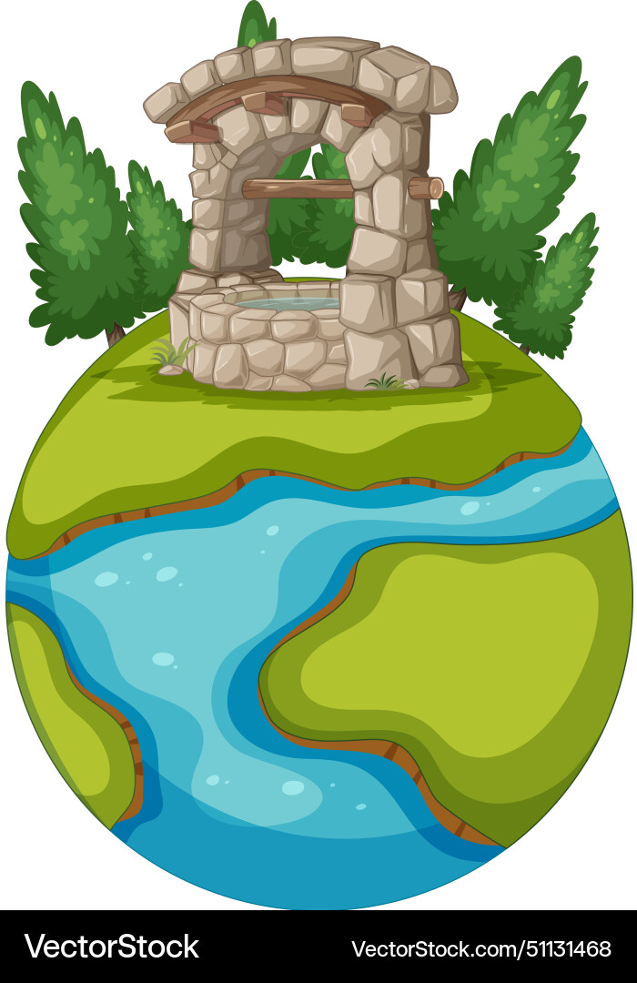 Cartoon stone well on a small green planet Vector Image