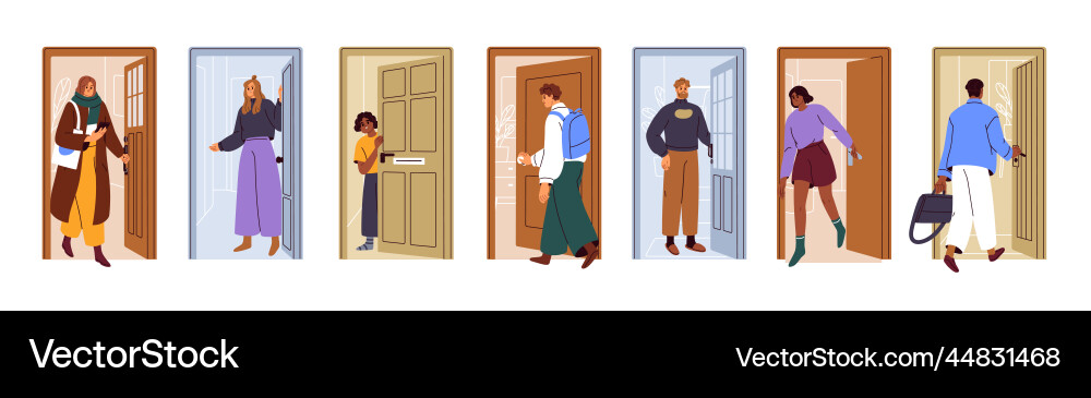 People opening doors entering exiting home set Vector Image