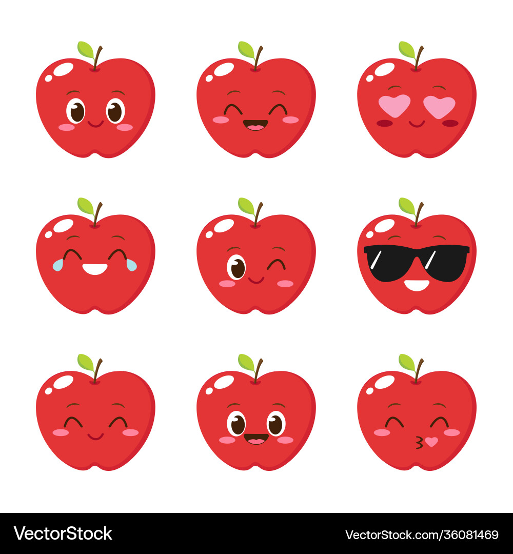 Cute red apple emoticon set Royalty Free Vector Image