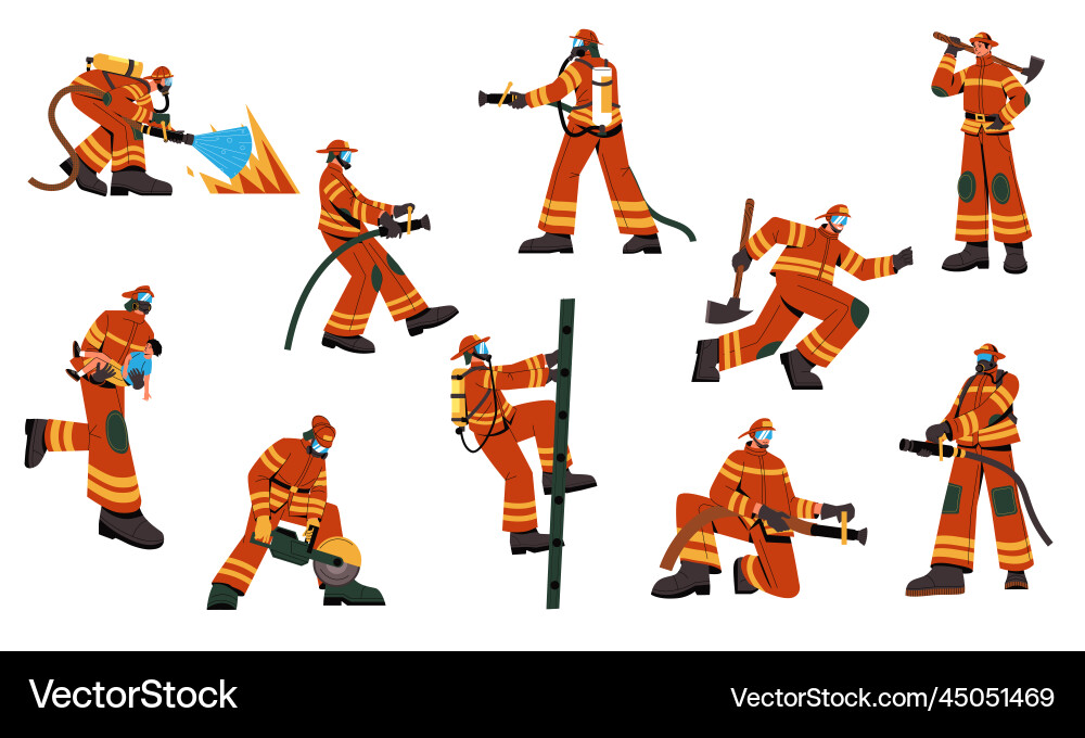 Firefighter characters cartoon fireman in uniform Vector Image