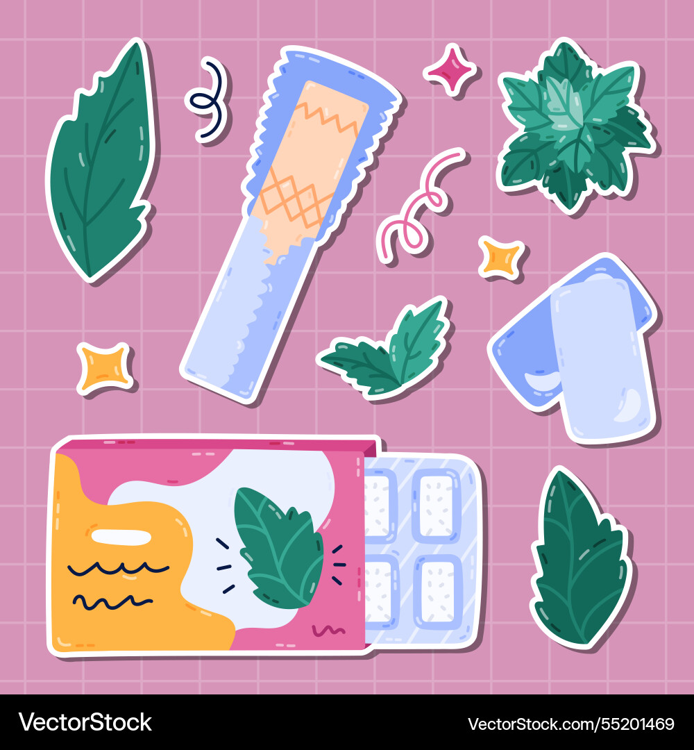Lovely cartoon chewing gum sticker set for Vector Image