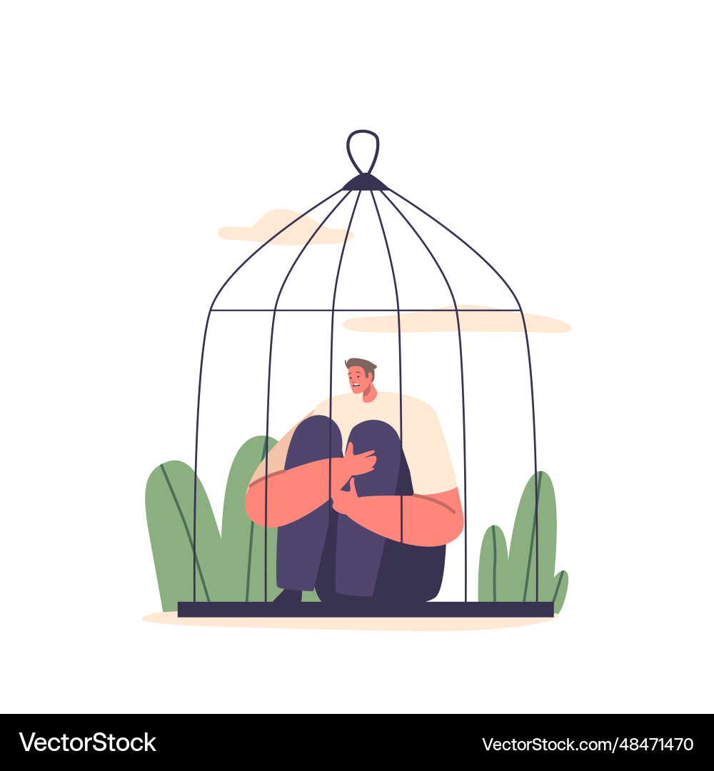 Captive male character sitting in cell confined Vector Image