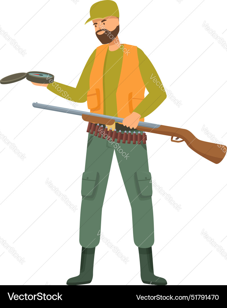 Hunter holding compass and rifle navigating Vector Image