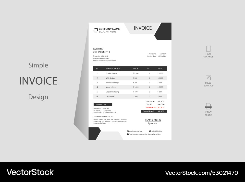 Simple invoice design template Royalty Free Vector Image