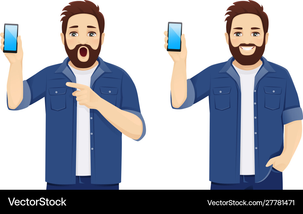 Big man showing phone Royalty Free Vector Image