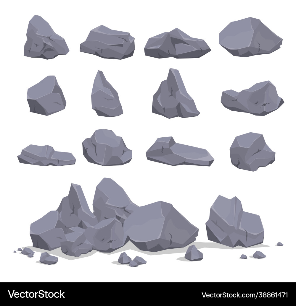 Collection gray cartoon rock stone flat Royalty Free Vector