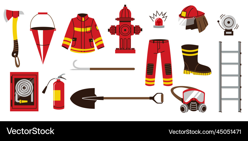 Fire fighting equipment cartoon fireman tools Vector Image