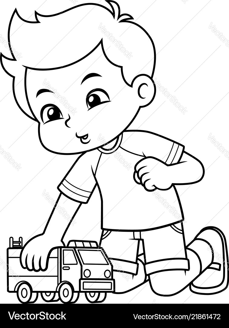 Boy playing with his truck toy bw Royalty Free Vector Image