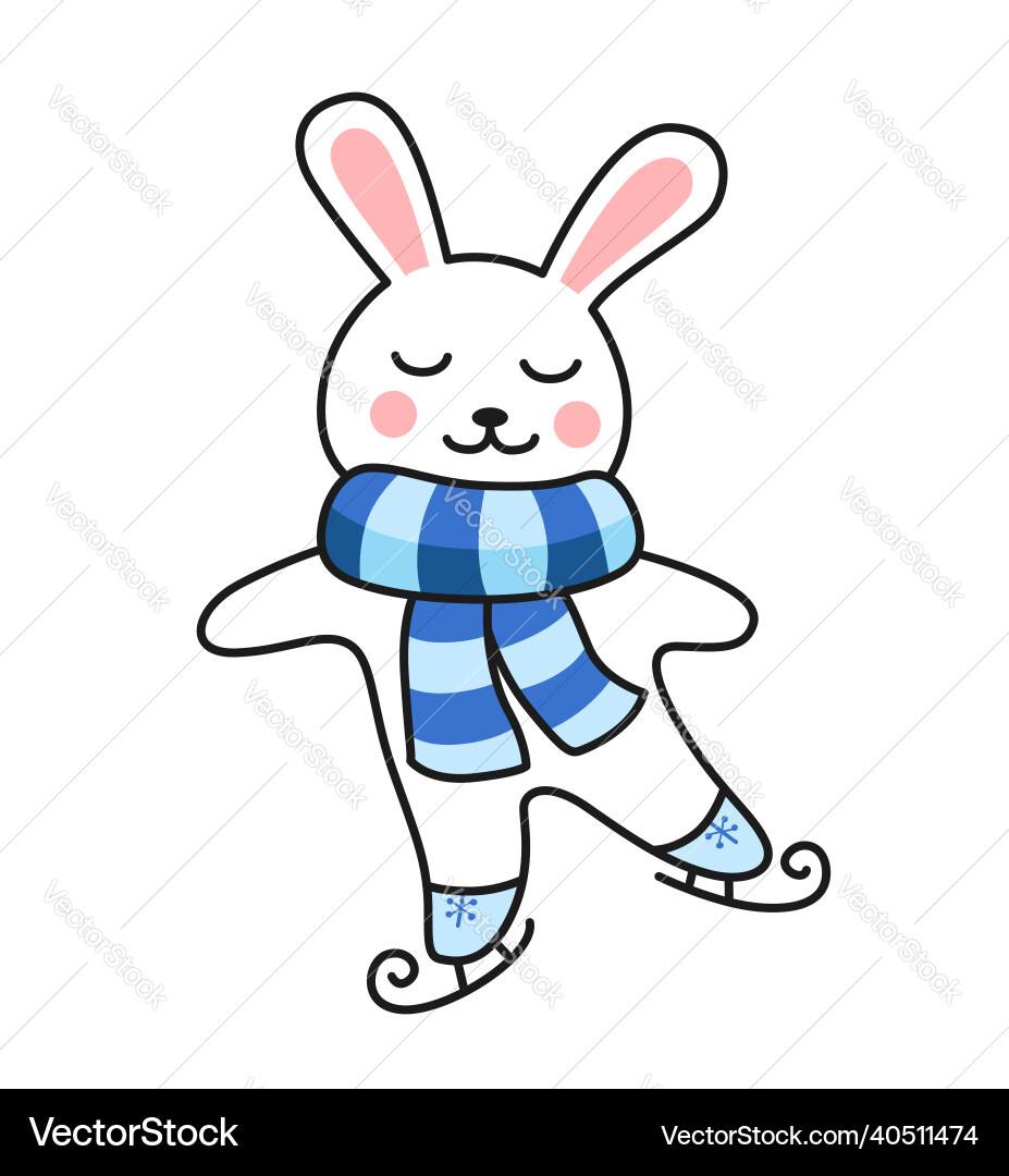 Ice skating rabbit in blue striped scarf cute Vector Image