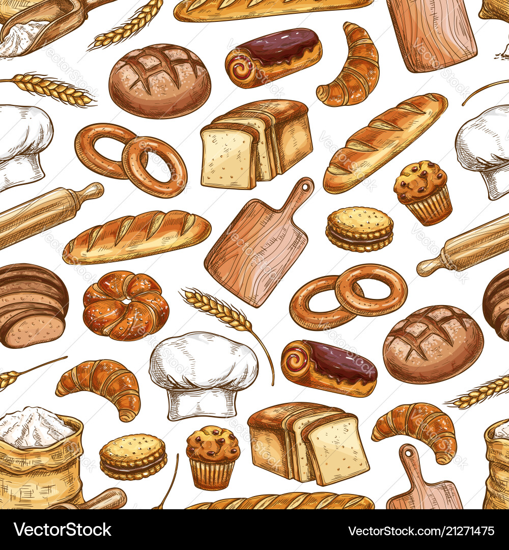 Bread and pastry food seamless pattern background Vector Image