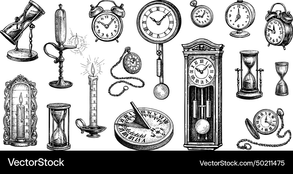 Ink of antique clocks Royalty Free Vector Image