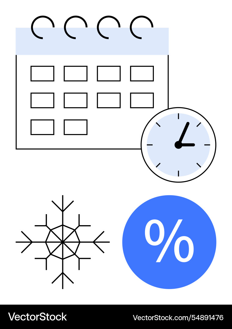 Calendar with clock snowflake and percentage Vector Image