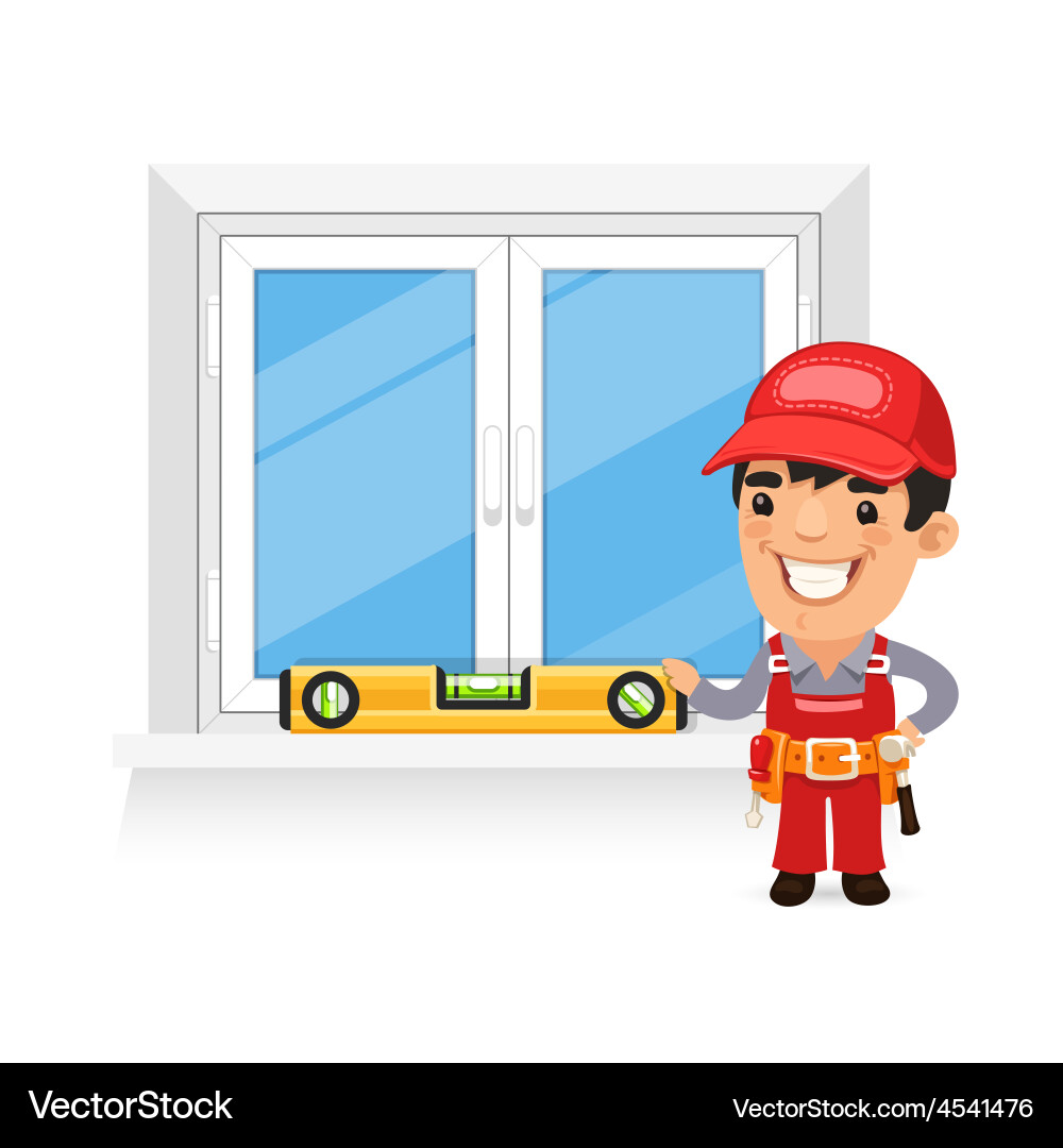 Carpenter checks the new window Royalty Free Vector Image