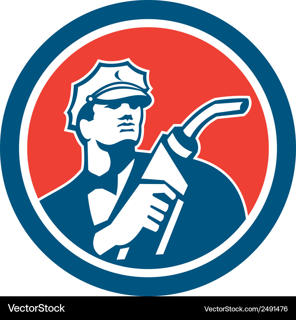 Gasoline attendant fuel pump nozzle circle retro Vector Image