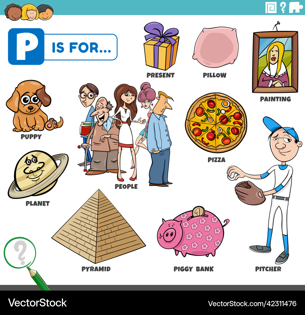 Letter p words educational set with cartoon Vector Image