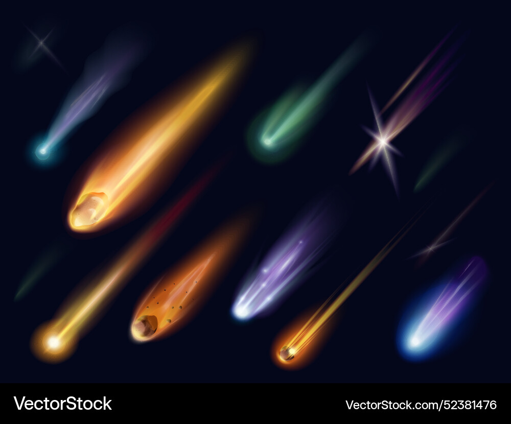 Realistic meteors 3d falling asteroids isolated Vector Image