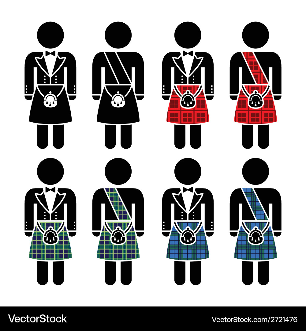 Scotsman man wearing kilt icons set Royalty Free Vector
