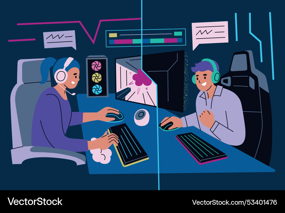 Two gamers communicating Royalty Free Vector Image