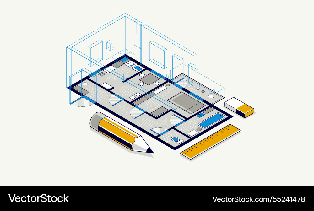 Flat plan drawing with pencil floorplan Royalty Free Vector