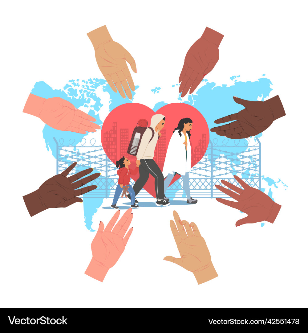 Refugees and helping hand poster design Royalty Free Vector
