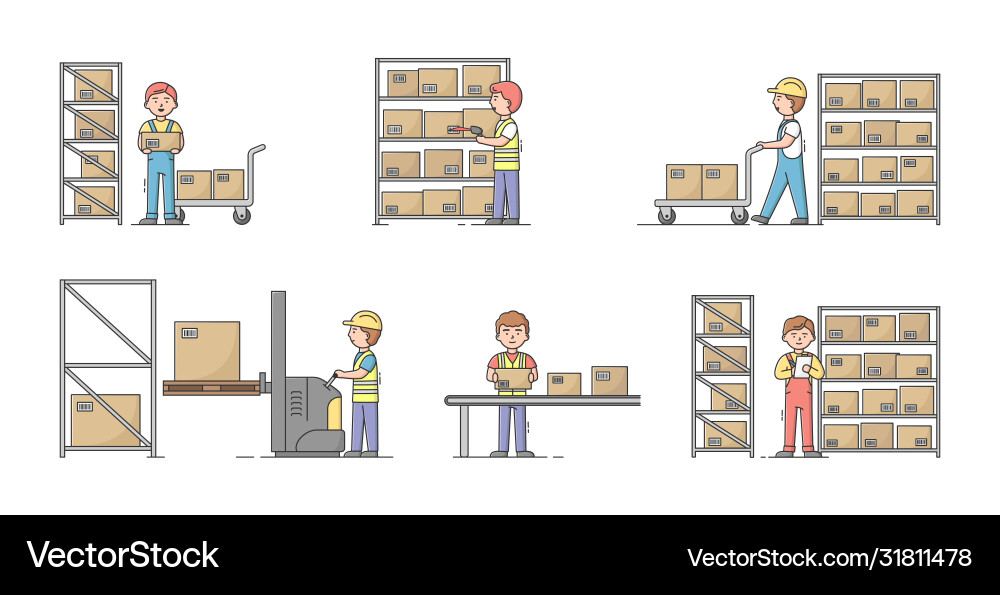 Warehouse concept set of workers at work Vector Image